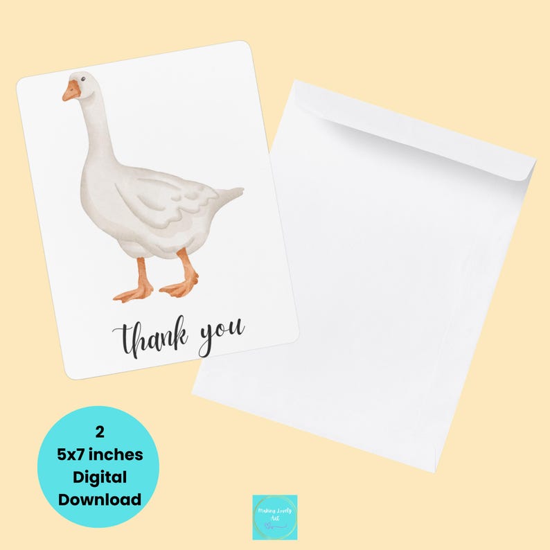 Printable Thank You Flat Card, Goose Design 5x7 Inches, Instant PDF ...