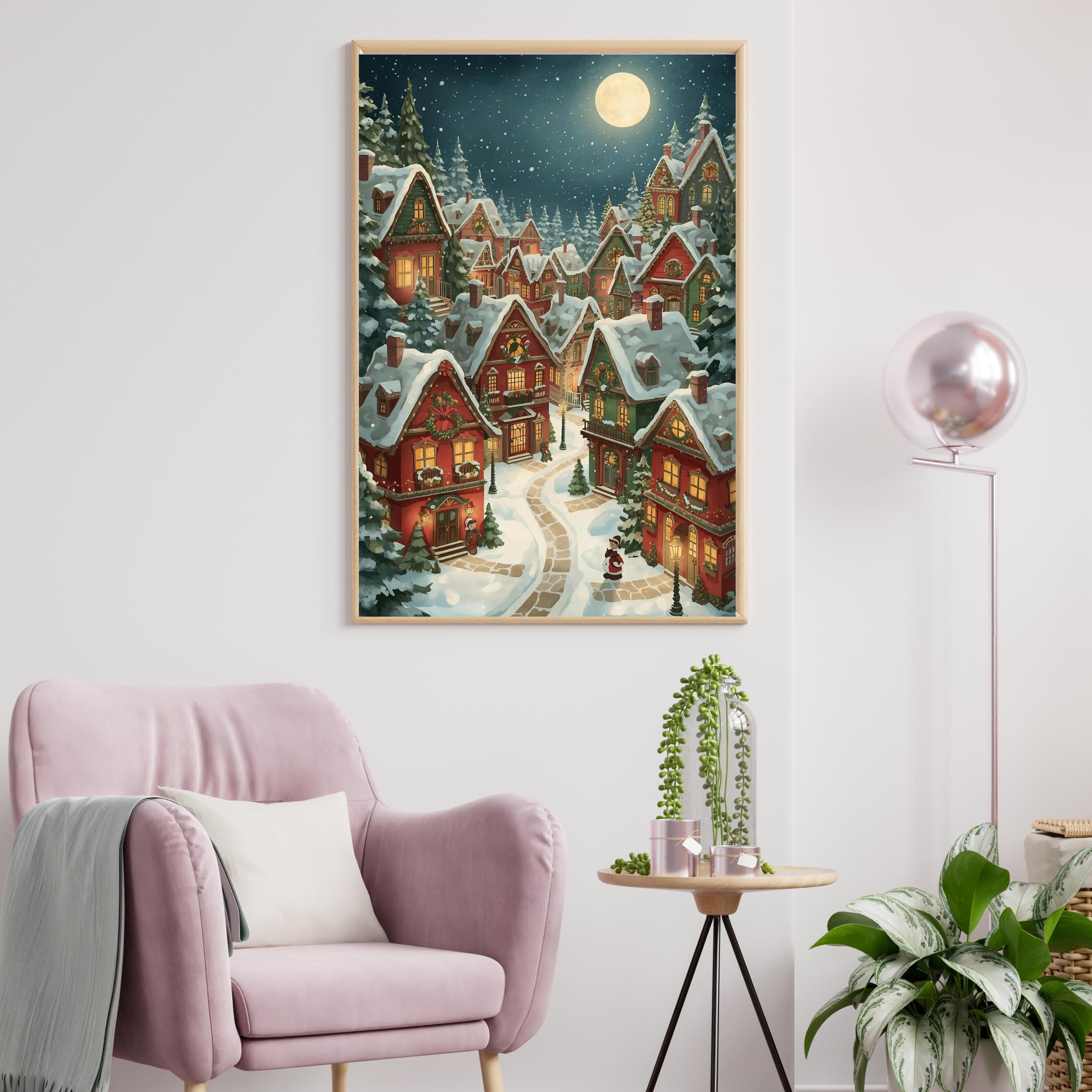 Winter Village Full Moon Art Print: Holiday Home Decor (digital ...