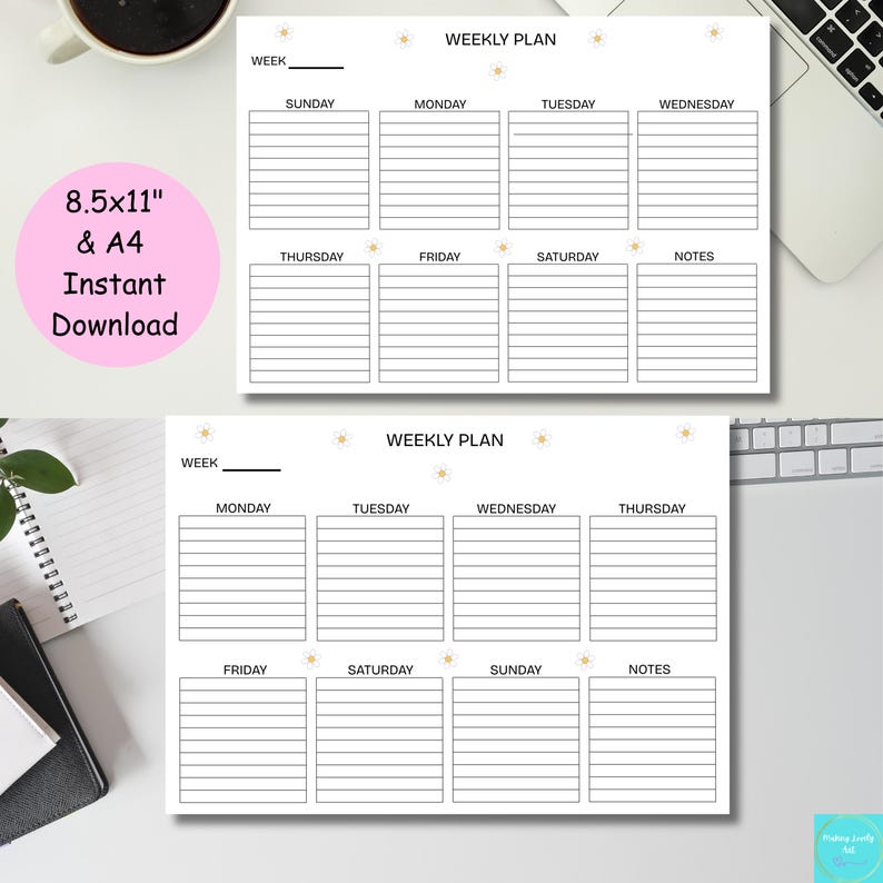 Daisy Weekly Planner Printable: Minimalist Floral Organizer (letter ...