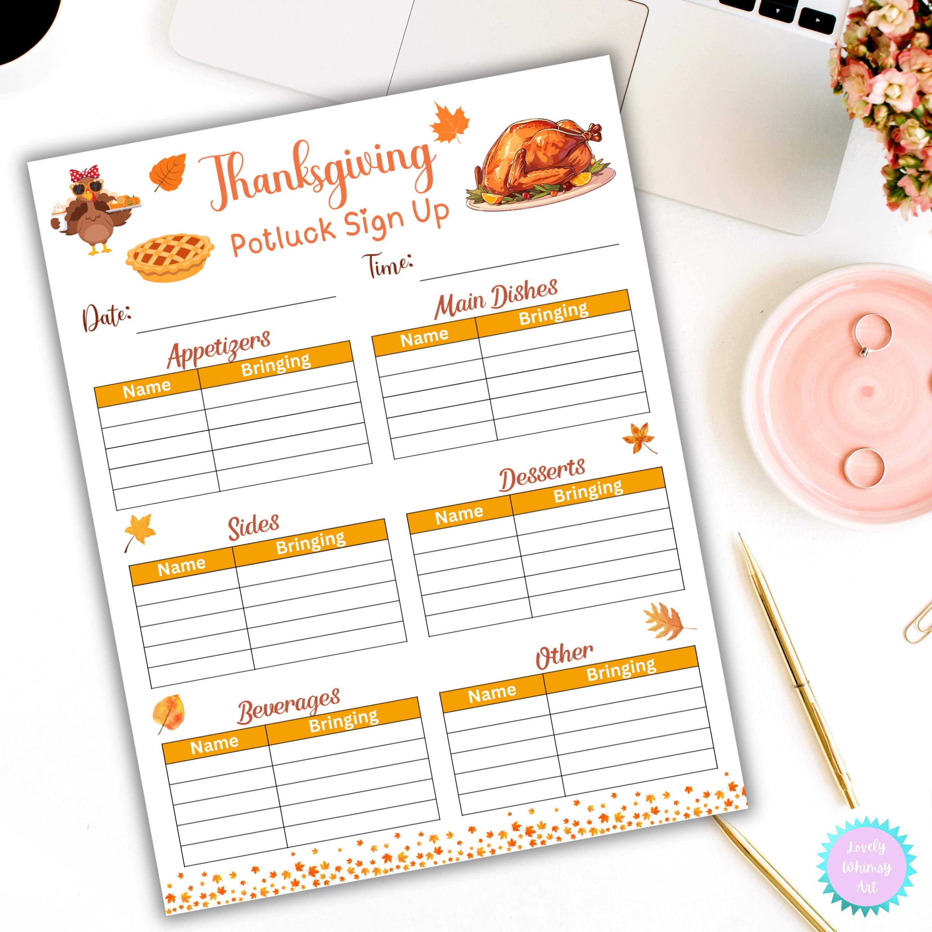 Thanksgiving Potluck Sign up Sheet, Food Bringing List PDF Instant ...