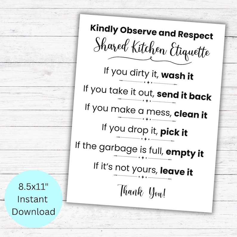 Printable Kitchen Etiquette Sign, Shared Kitchen Guide Letter Size PDF ...