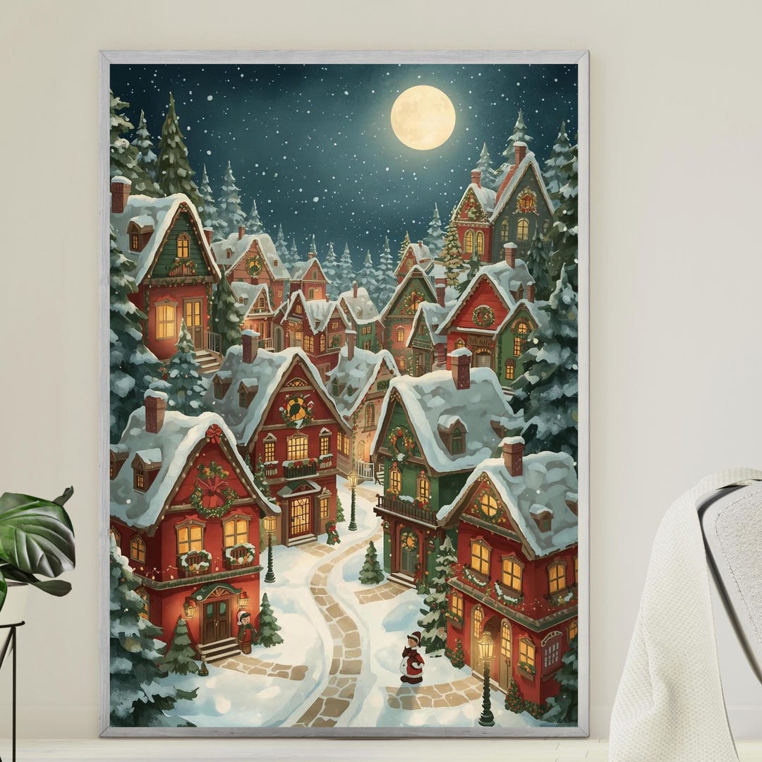 Winter Village Full Moon Art Print: Holiday Home Decor (digital ...
