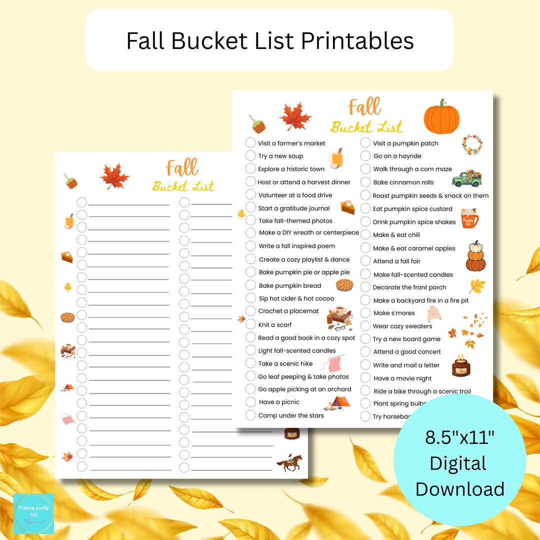 Fall Bucket List Printables, 8.5x11 Inches Instant Download PDF, Fall ...