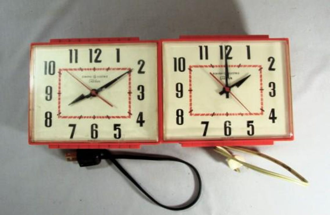 Pair Red Telechron GE Table or Desk Clocks, Mid Century Modern ...