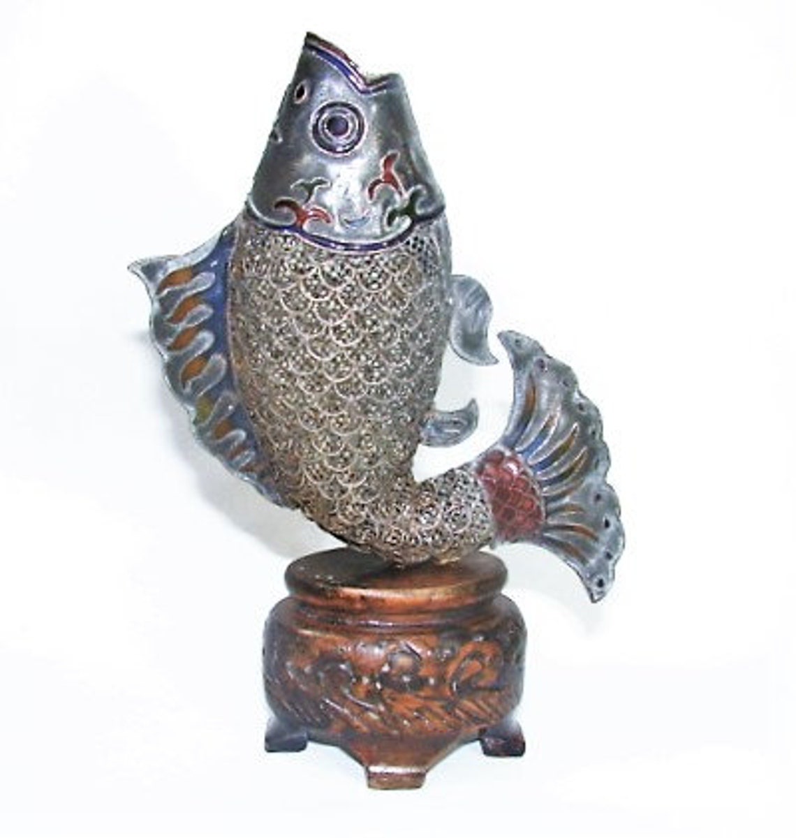 Chinese Filigree Fish With Enamel 5 3/4" Silver Plate on Brass, Qing or ...