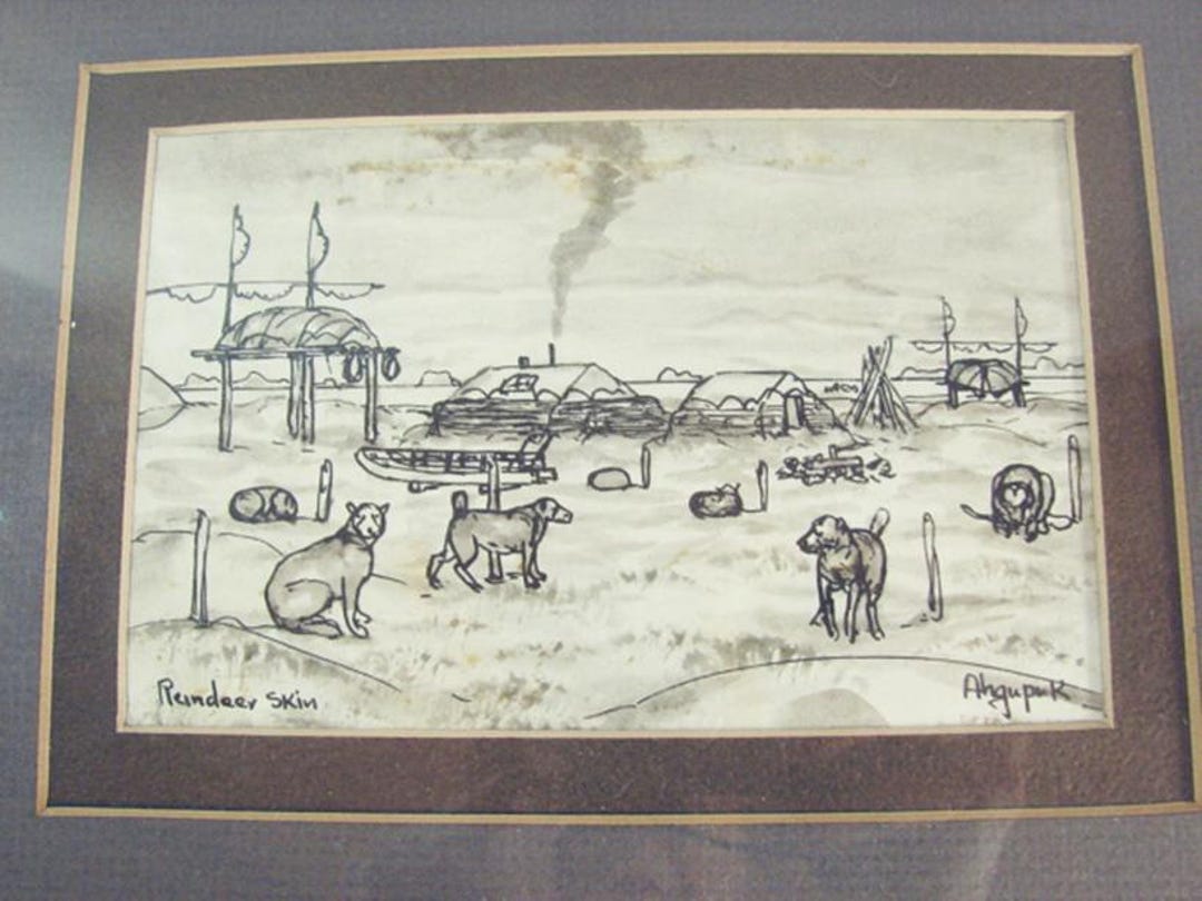 Inkwash Inuit Drawing, George Ahgupuk (1911-2001), Village Scene on ...