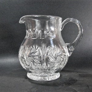 Antique Cut Glass Pitcher, Blown Handle, Thumbprint and Pinwheel Cut ...