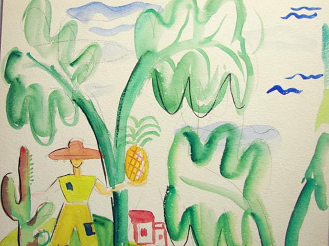 MCM Tropical Watercolor Scene, Helen Malta, WPA and Cubist Influence ...