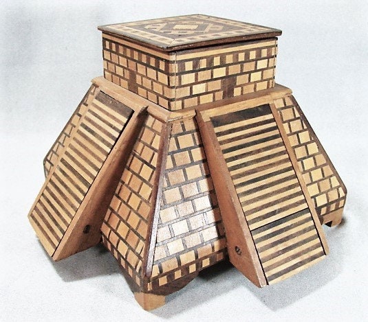 Unique Folk Art Parquetry Pyramid - Cigarette and Match Holder - Early ...