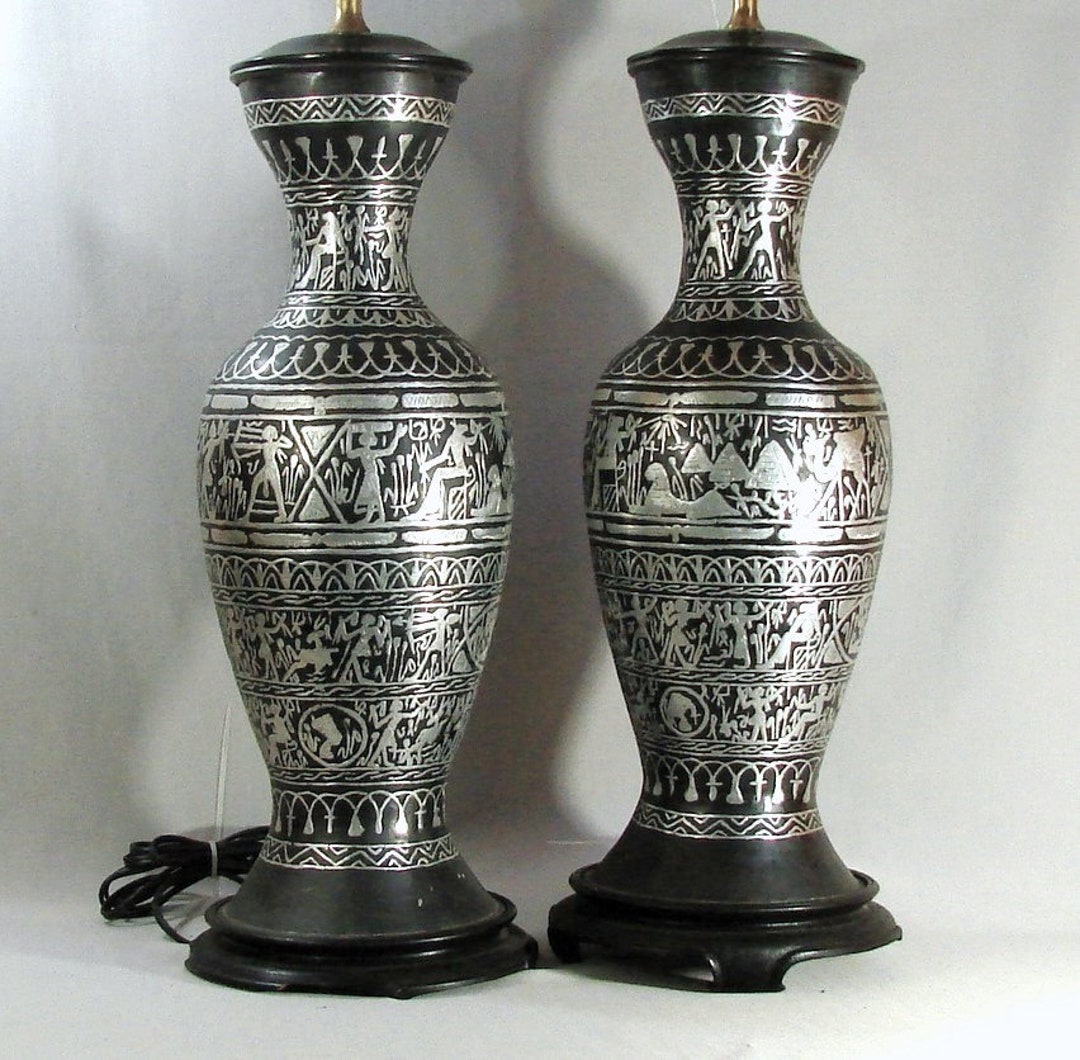 Large Pair Cairo Ware Lamps, Egyptian Scenes in Silver on Oxidized ...