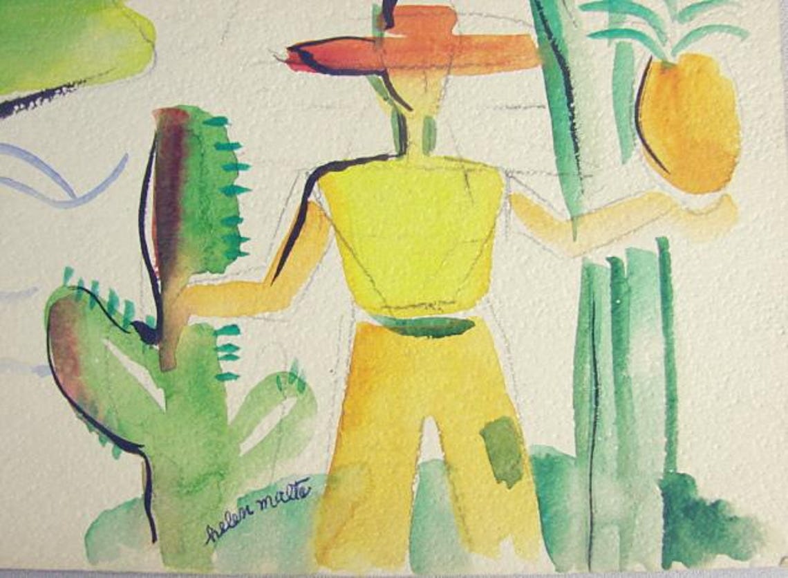 MCM Tropical Watercolor Scene, Helen Malta, WPA and Cubist Influence ...