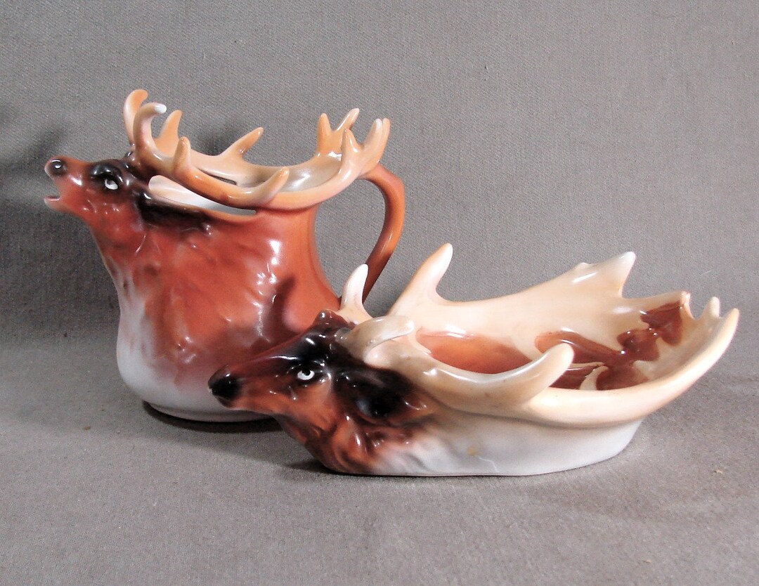 2 Royal Bayreuth Elk Porcelain Servers, Cream Jug and Dish, German ...