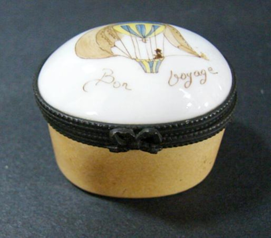 Vintage Porcelain Pill Box, Bon Voyage Hot Air Balloon, Brass Fittings ...
