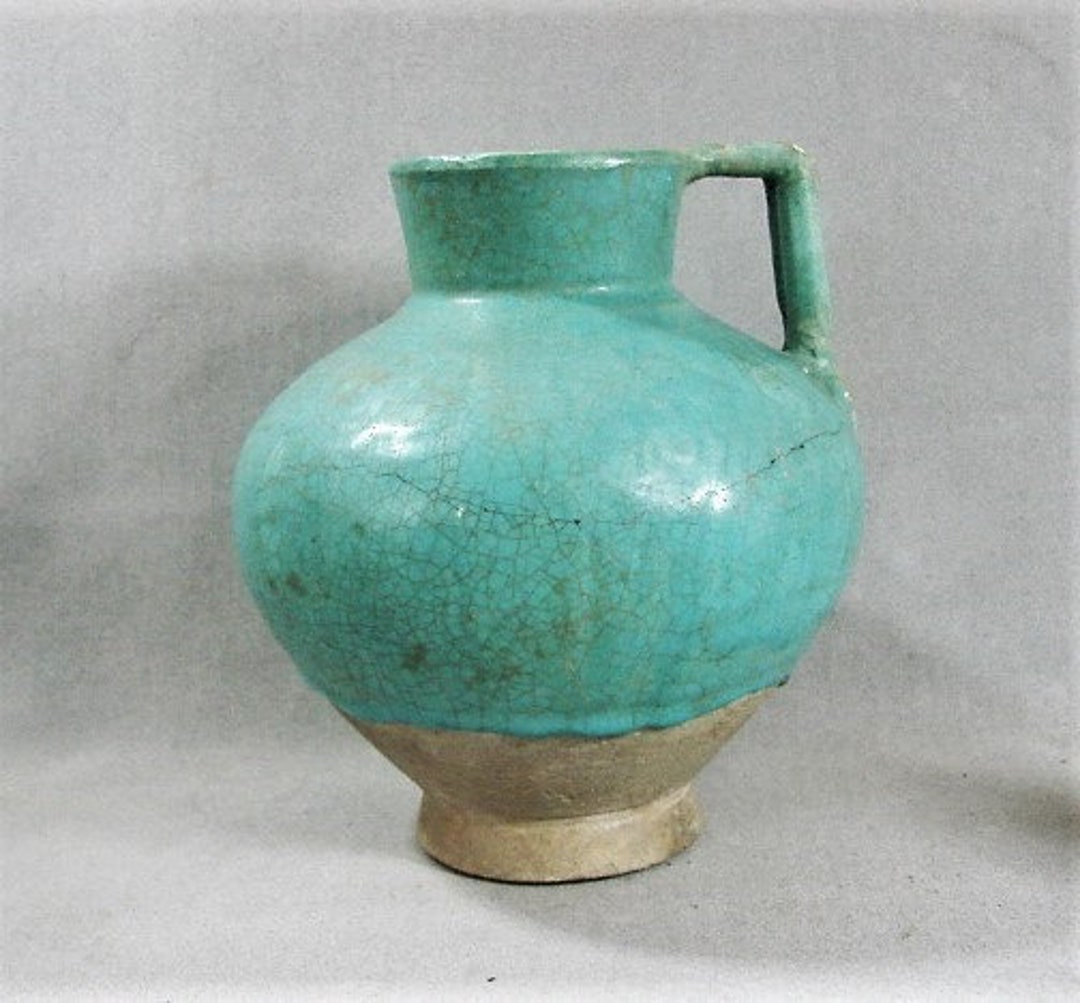 Antique Turquoise Islamic Handled Jug, Middle Eastern Antiquity, Glazed ...