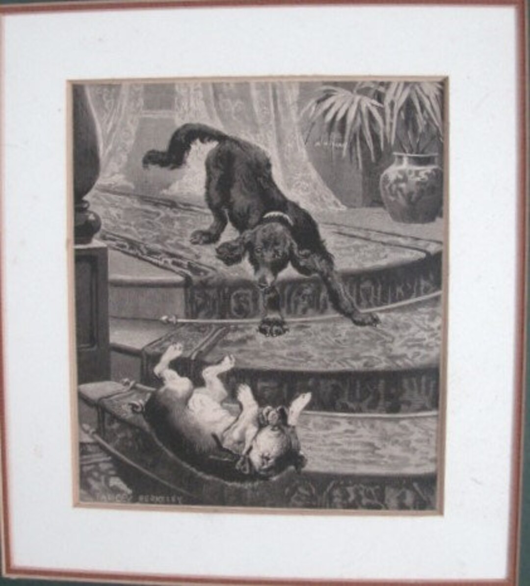 Antique Engraving of Two Dogs, British Artist Stanley Berkeley 1878 ...