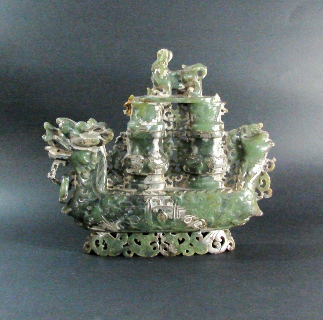 Chinese Green Stone Dragon Boat, Fine Carved Details, Calcification to ...