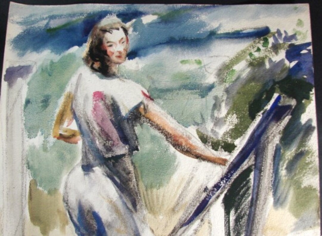 Large Watercolor Woman at Beach, 1940s, Thomas Thorne Attribution ...