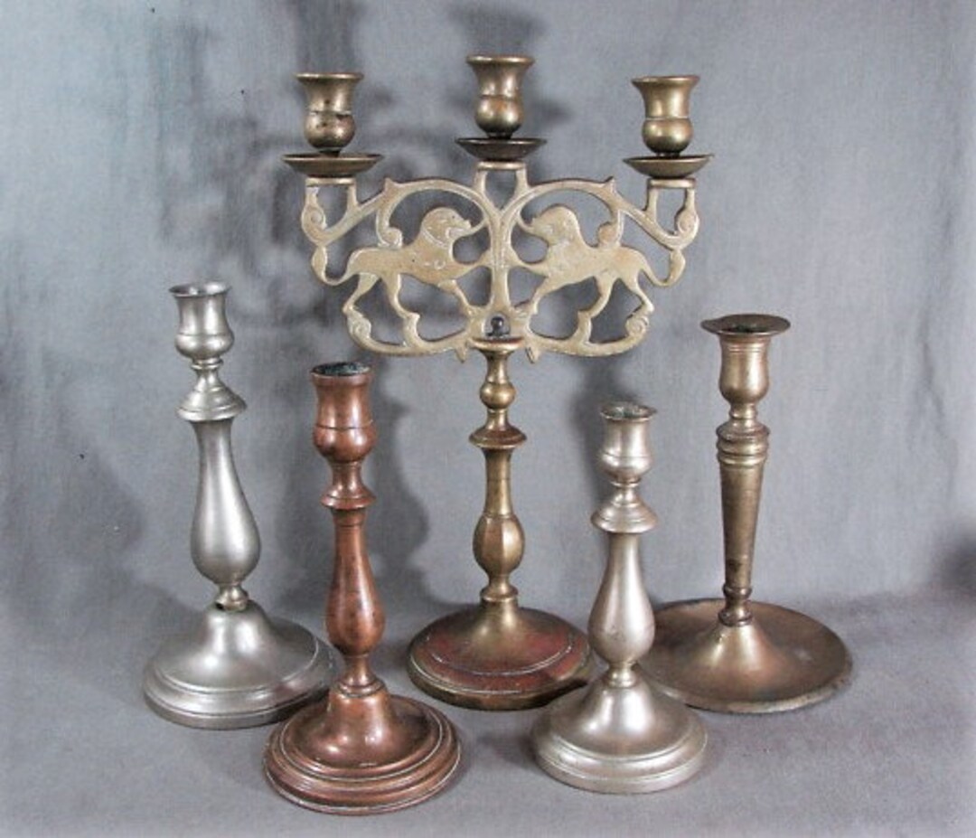 5 Brass Candleholders, 1 Large Candelabra, 4 Single Sticks, Vintage and ...