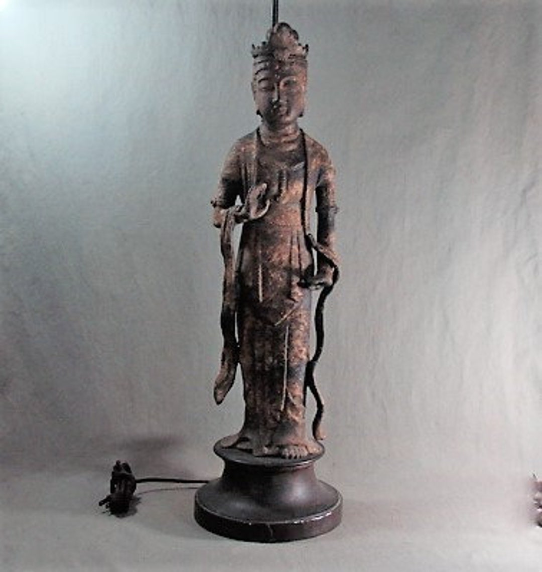 38" Quan Yin Lamp, Chinese or Style of James Mont, Cast Iron With ...