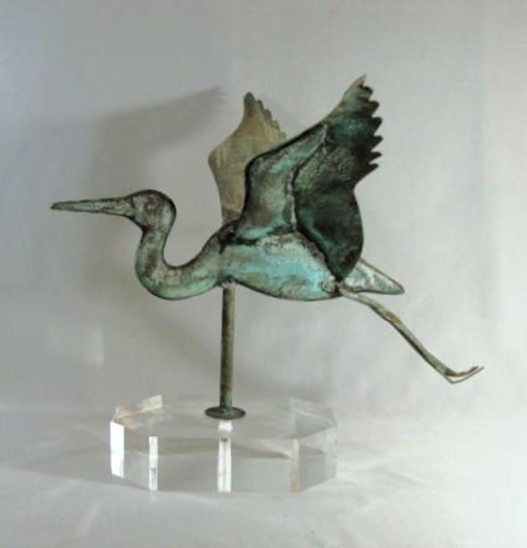 Vintage Copper Heron or Crane Weathervane, Rich Green Blue Patina ...