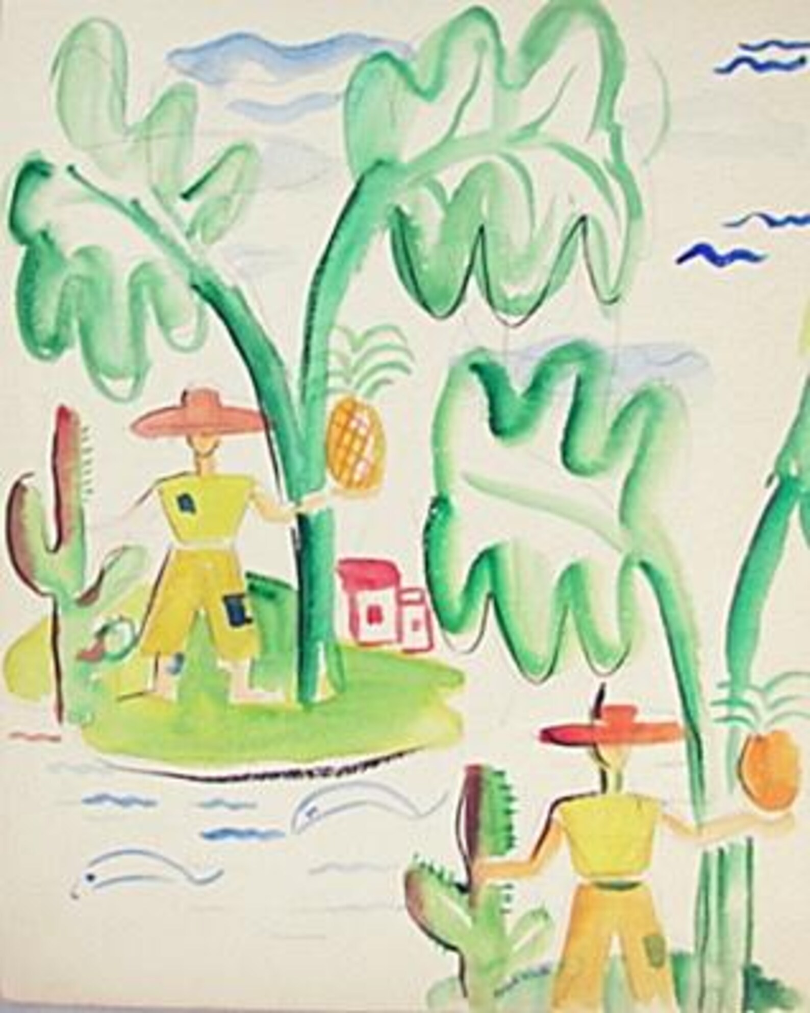 MCM Tropical Watercolor Scene, Helen Malta, WPA and Cubist Influence ...