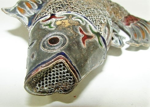 Chinese Filigree Fish With Enamel 5 3/4" Silver Plate on Brass, Qing or ...