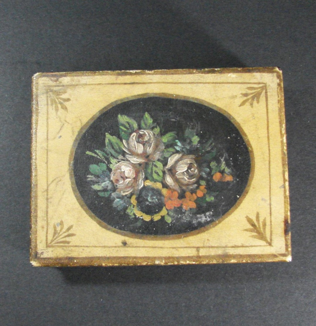 Antique Tole Ware Box With Floral Painting on Mustard Ground, Sectioned ...