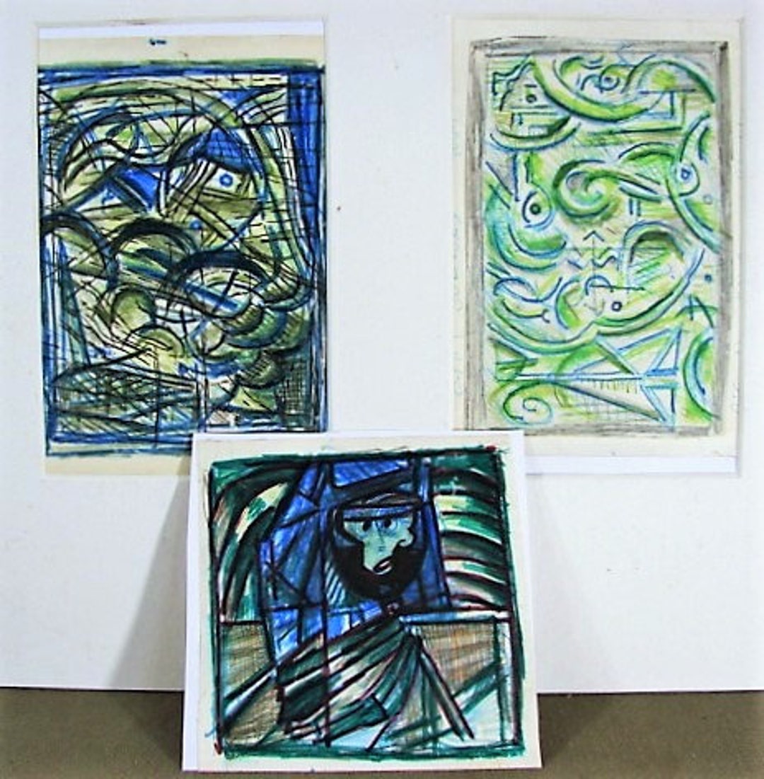 3 Cubist Abstract Drawings, Pen and Colored Markers, Ca 1970 - Etsy