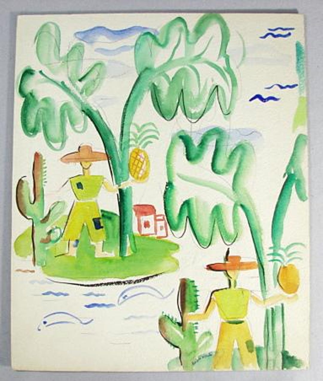 MCM Tropical Watercolor Scene, Helen Malta, WPA and Cubist Influence ...