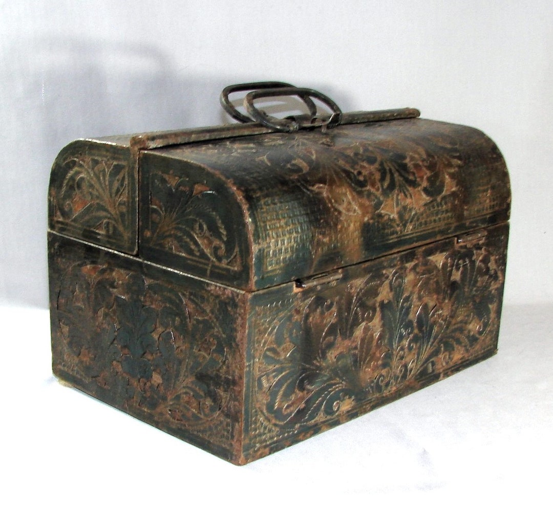 Antique Metal Clad Wood Domed Box, Wrought Iron Handles and Hasp, Metal ...
