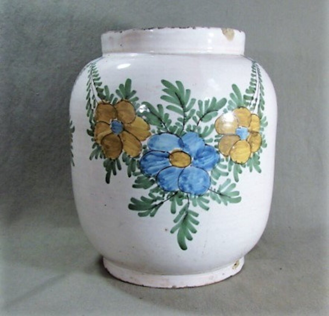 French Faience Tin Glaze Bulbous Vase, Large Size, Flowers and Draped ...