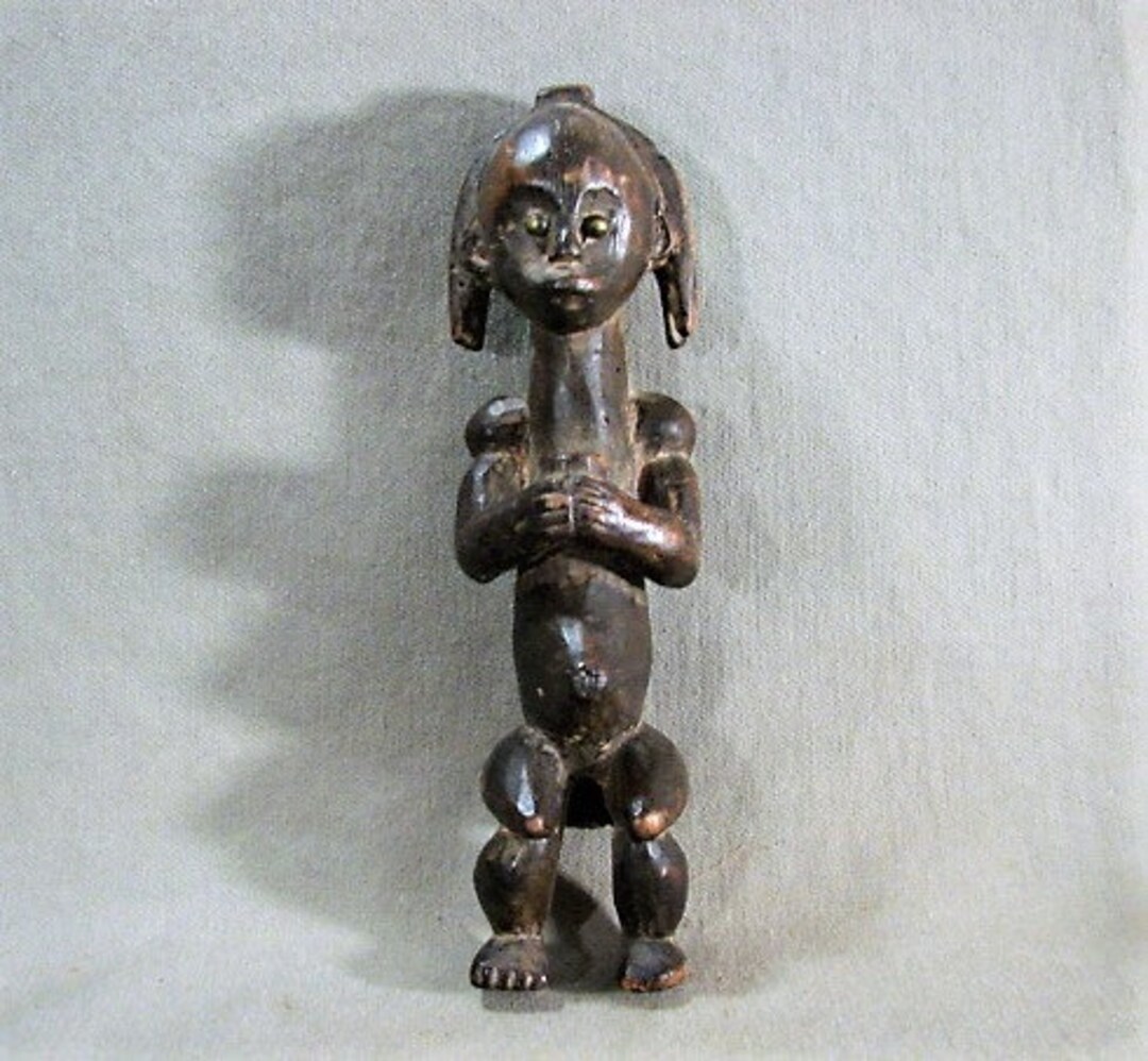 Small Fang Reliquary Figure, Stamding With Offering Cup, Brass Tack ...