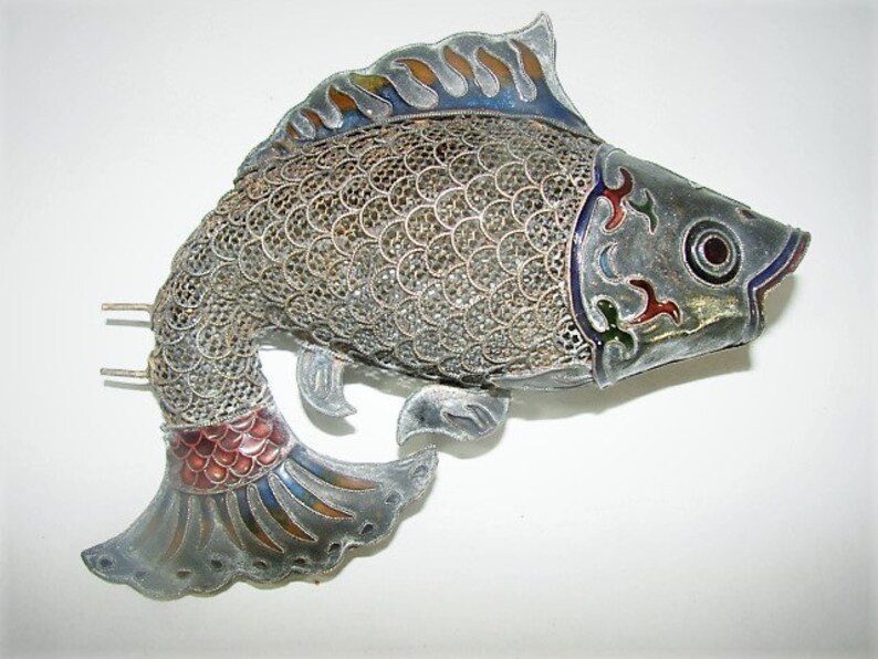 Chinese Filigree Fish With Enamel 5 3/4" Silver Plate on Brass, Qing or ...