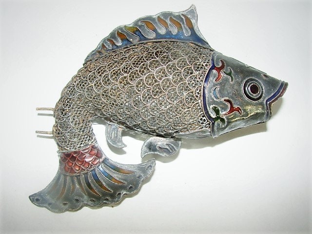 Chinese Filigree Fish With Enamel 5 3/4" Silver Plate on Brass, Qing or ...