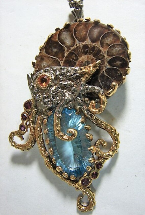 Silver Vermeil Squid and Ammonite Pendant with Gemsto… - Gem