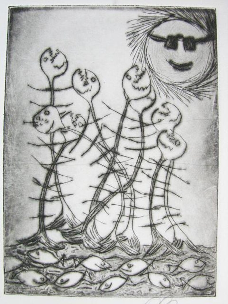 David Crown Etching, Sun and Fish Fanciful Print, 1980s, Charming Image ...