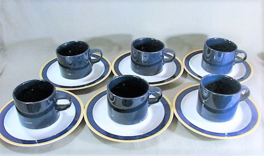 6 Dansk Cups and Saucers, Blue White Gold, Bistro and Flora Patterns ...
