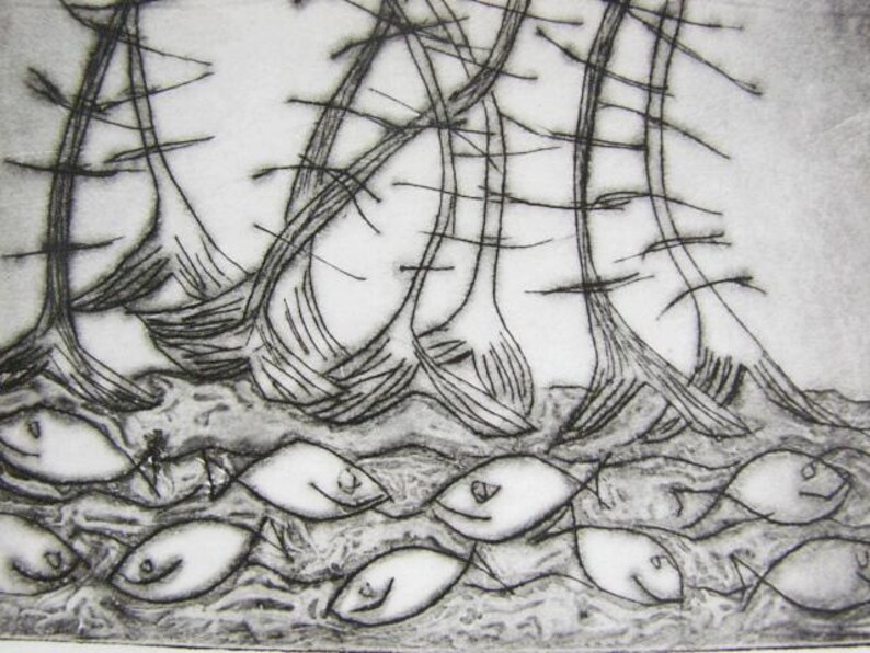 David Crown Etching, Sun and Fish Fanciful Print, 1980s, Charming Image ...