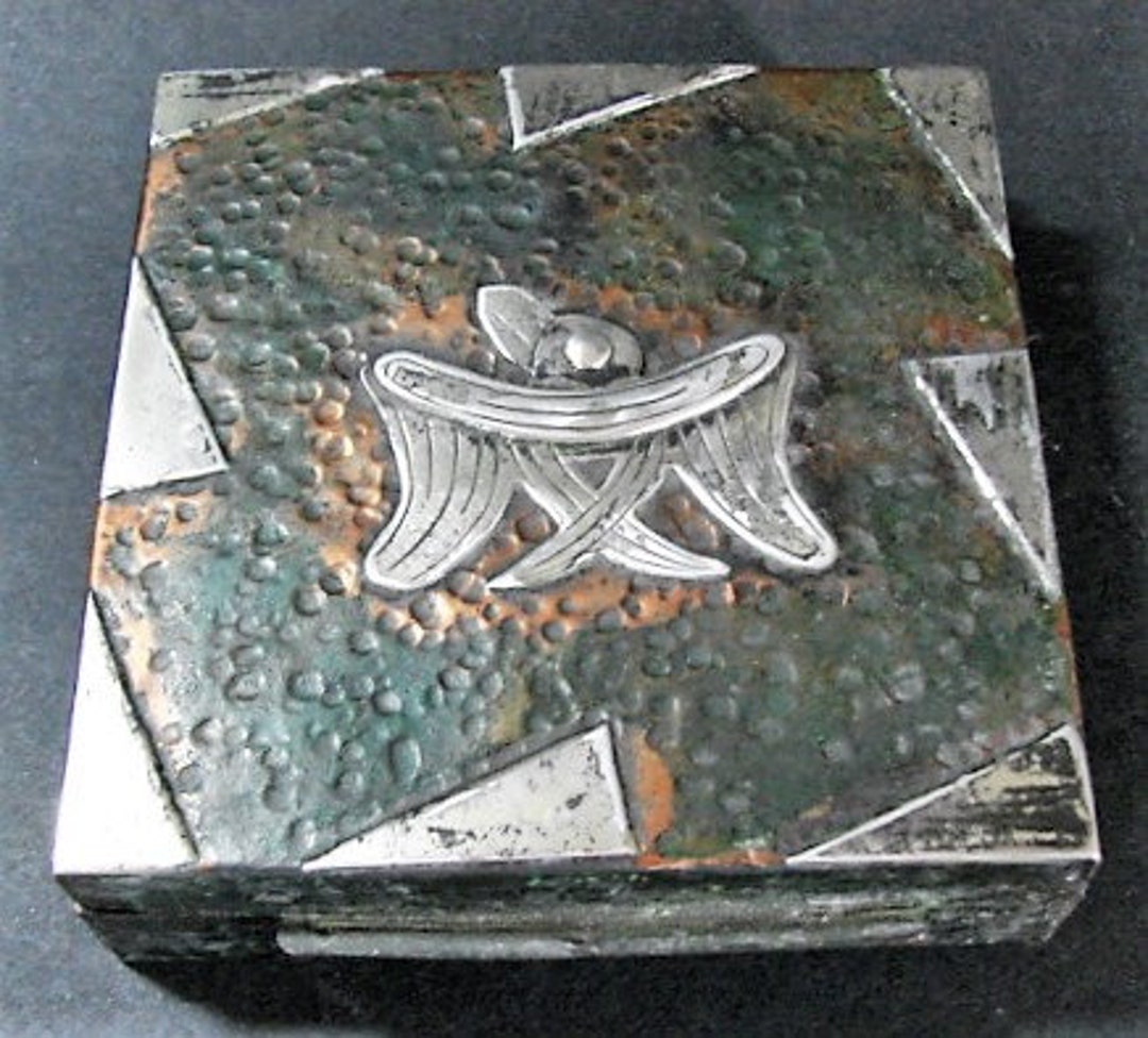 Silver on Copper Square Box, Unsigned, Mexican Attribution, Stylized ...