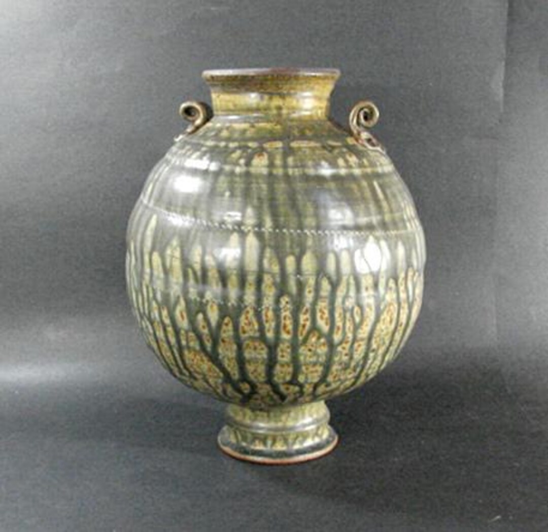 12" Studio Pottery Vase, Wonderful Drip Glaze, Lug Handles, Artist ...