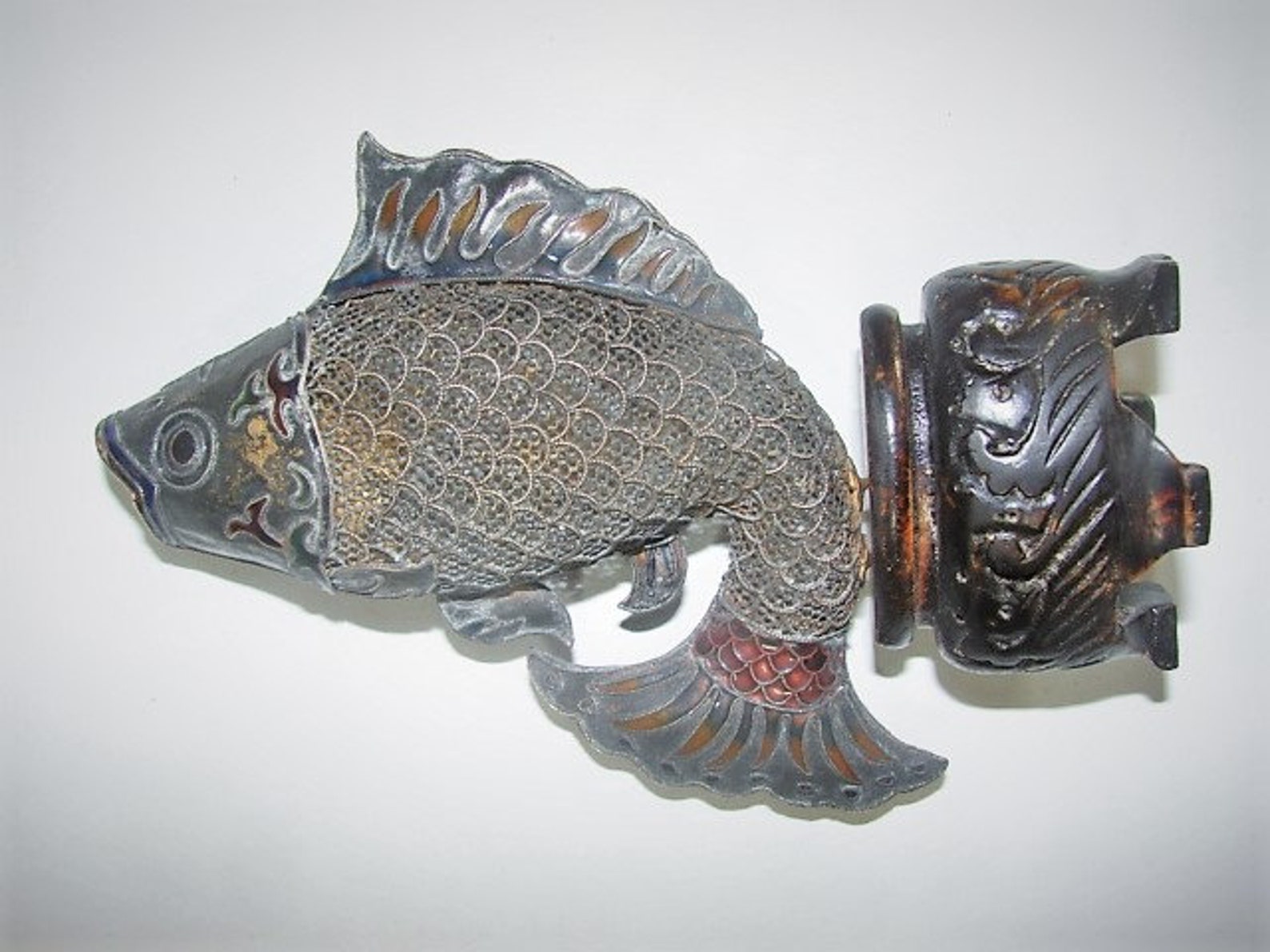 Chinese Filigree Fish With Enamel 5 3/4" Silver Plate on Brass, Qing or ...
