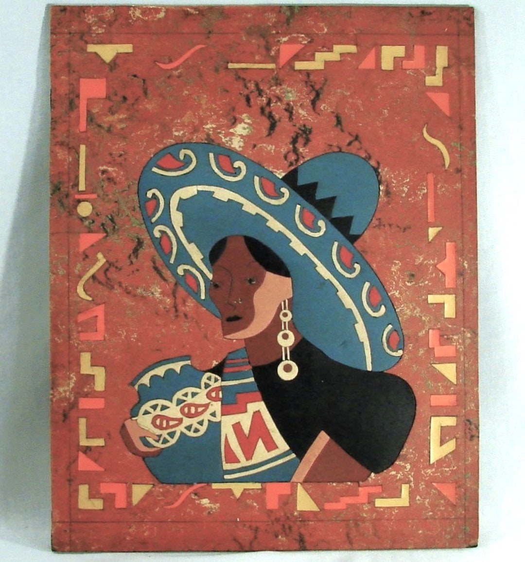 MCM Mexican Collage, Vivd Cubist Image in Linoleum, Unique and Wonderul ...