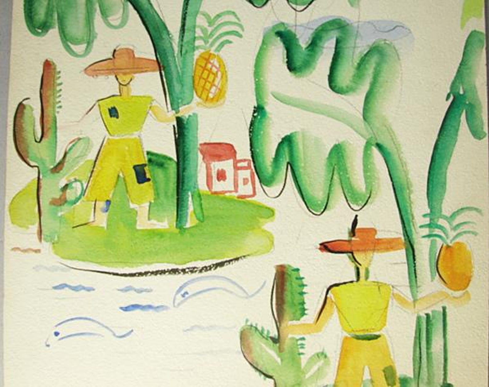 MCM Tropical Watercolor Scene, Helen Malta, WPA and Cubist Influence ...