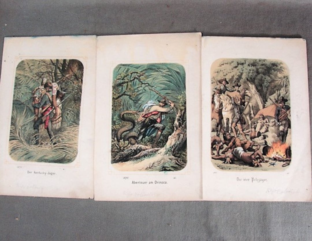 3 Ethnographic Prints, 1873, Fur Trappers and Indians, Explorer in ...