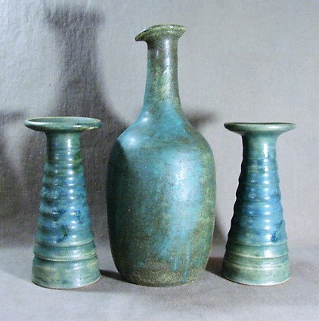 Studio Art Pottery Ewer and Candlesticks, MCM, Gorgeous Glaze and Forms ...