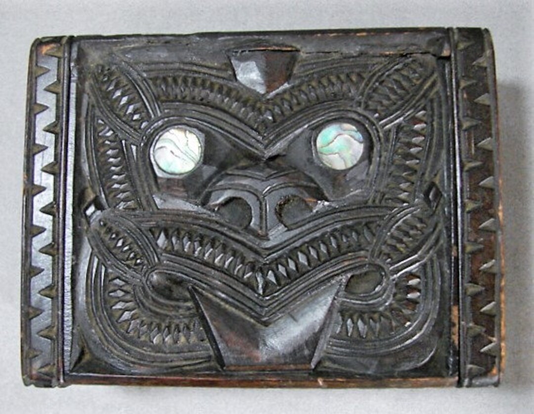 Carved Wood MAORI Box With Paua Shell Eyes, Fierce Warrior Face, Hinged ...