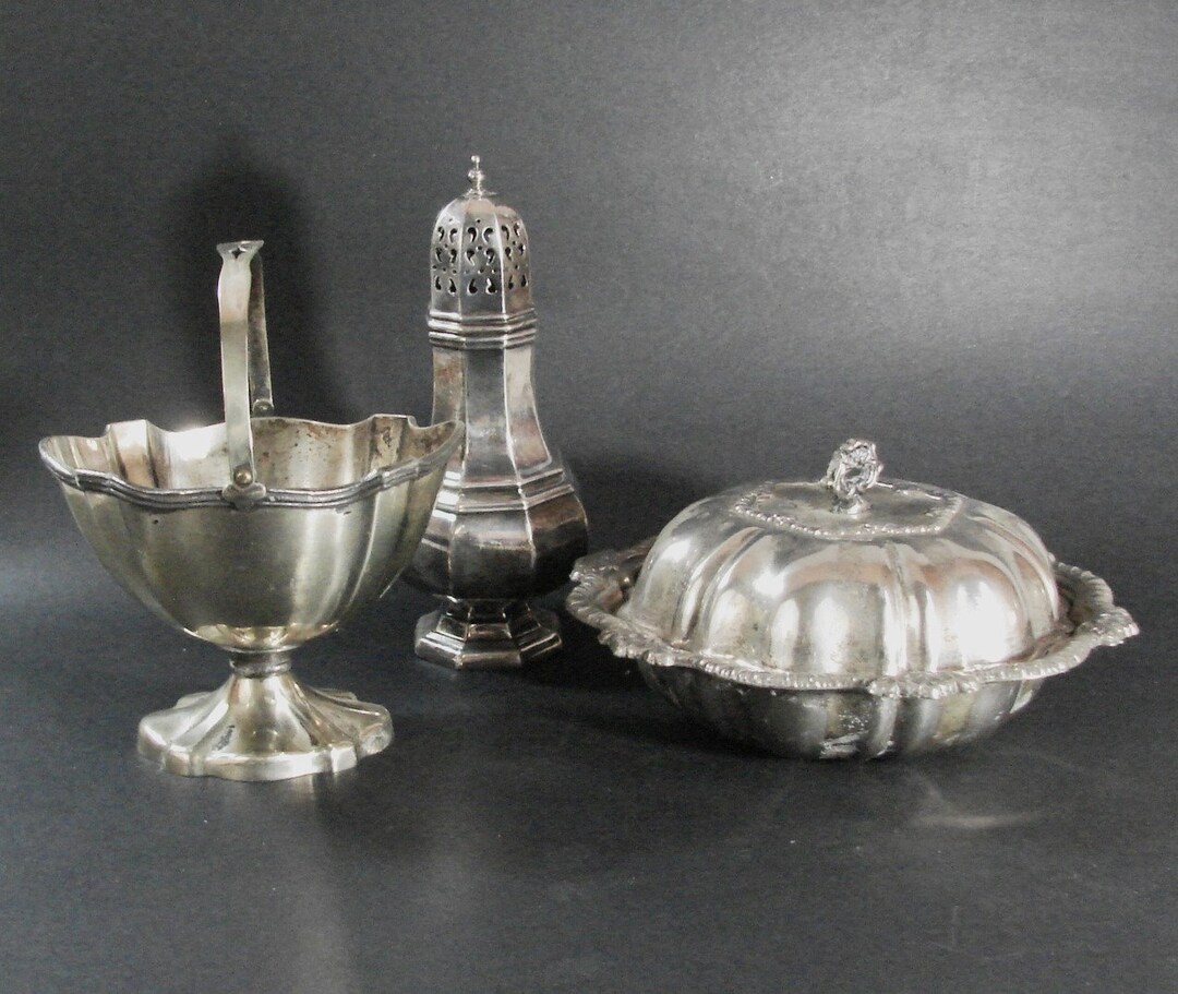 Antique Group Dining Items, Silver Plate Butter, Basket, Muffineer, 3 ...