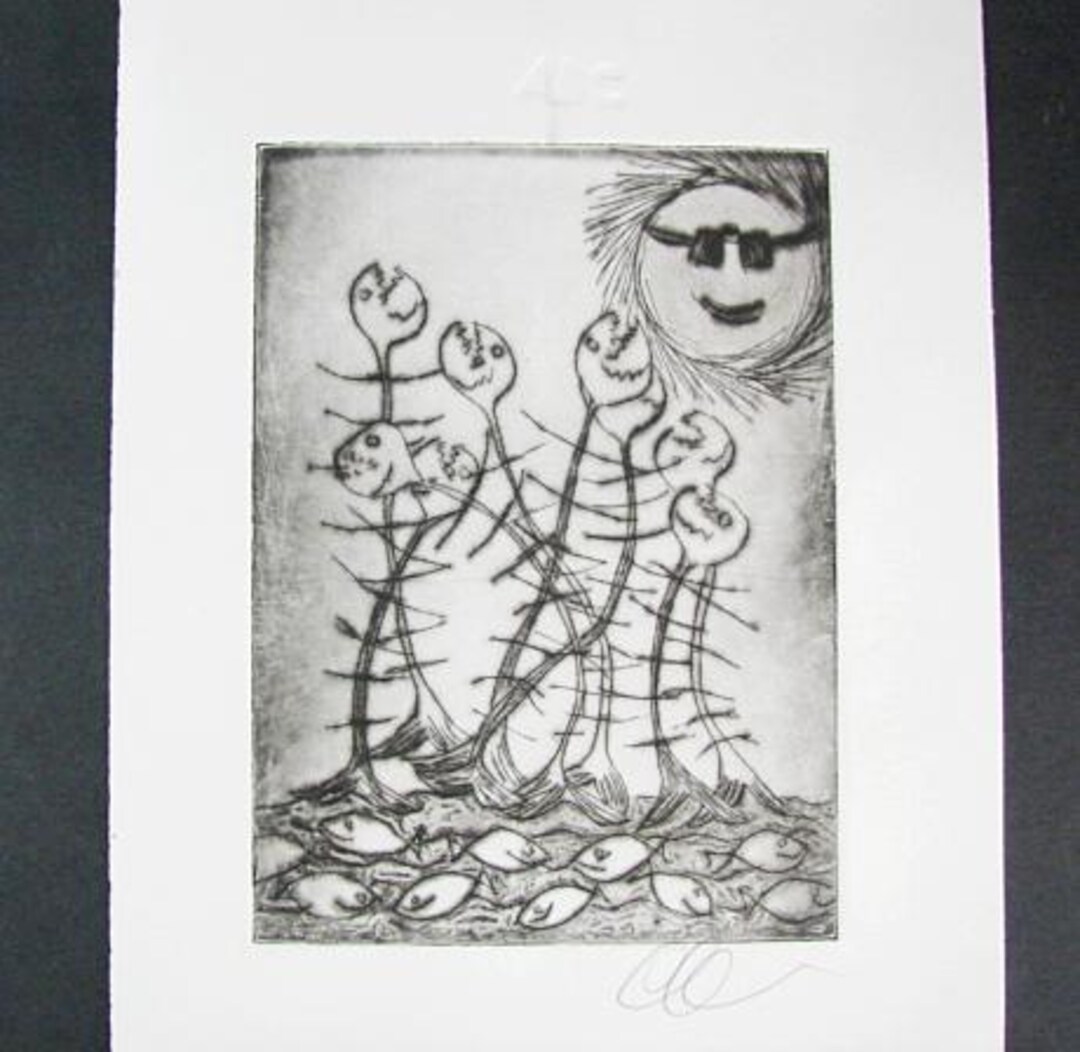 David Crown Etching, Sun and Fish Fanciful Print, 1980s, Charming Image ...