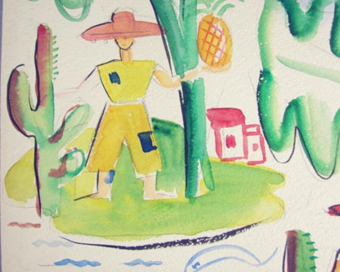 MCM Tropical Watercolor Scene, Helen Malta, WPA and Cubist Influence ...