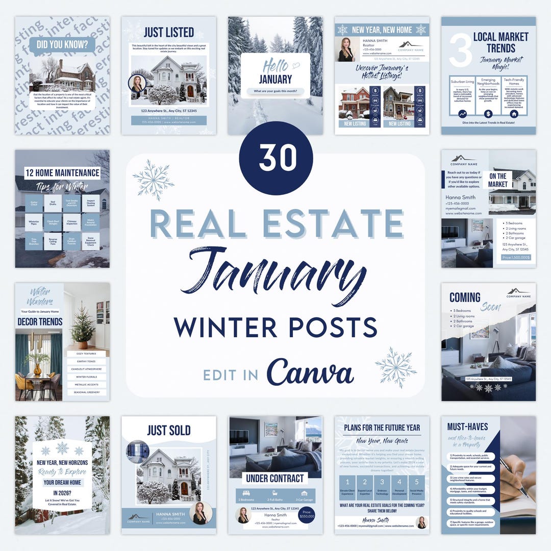 January Realtor Social Media Post Templates, Winter Real Estate Agent ...